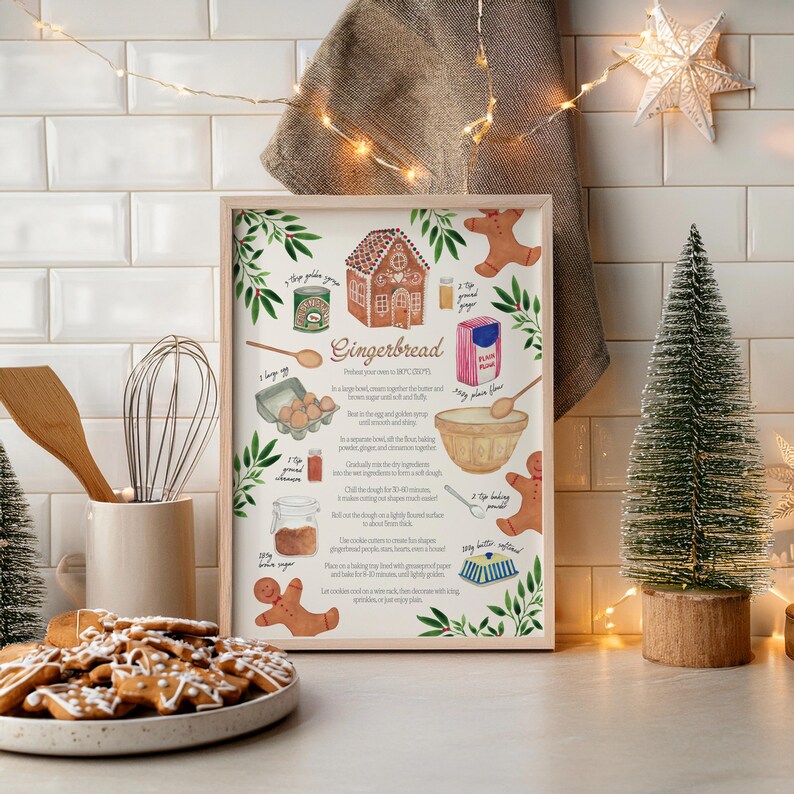 Gingerbread Recipe Wall Art, Illustrated Baking Recipe Print ...