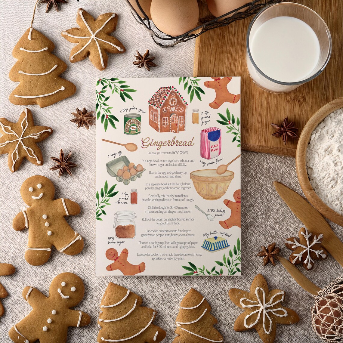 Gingerbread Recipe Wall Art, Illustrated Baking Recipe Print ...