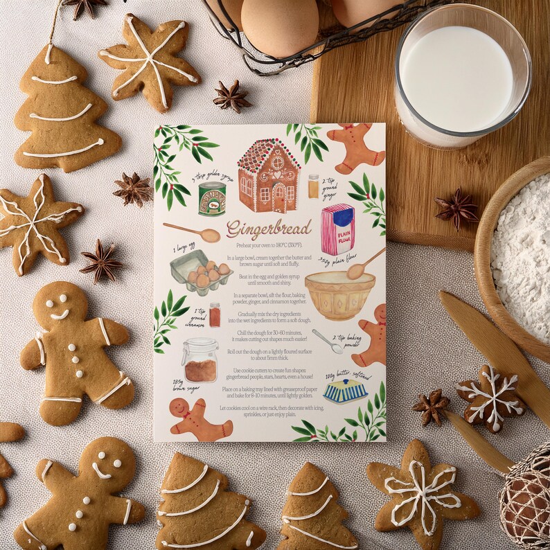 Gingerbread Recipe Wall Art, Illustrated Baking Recipe Print ...