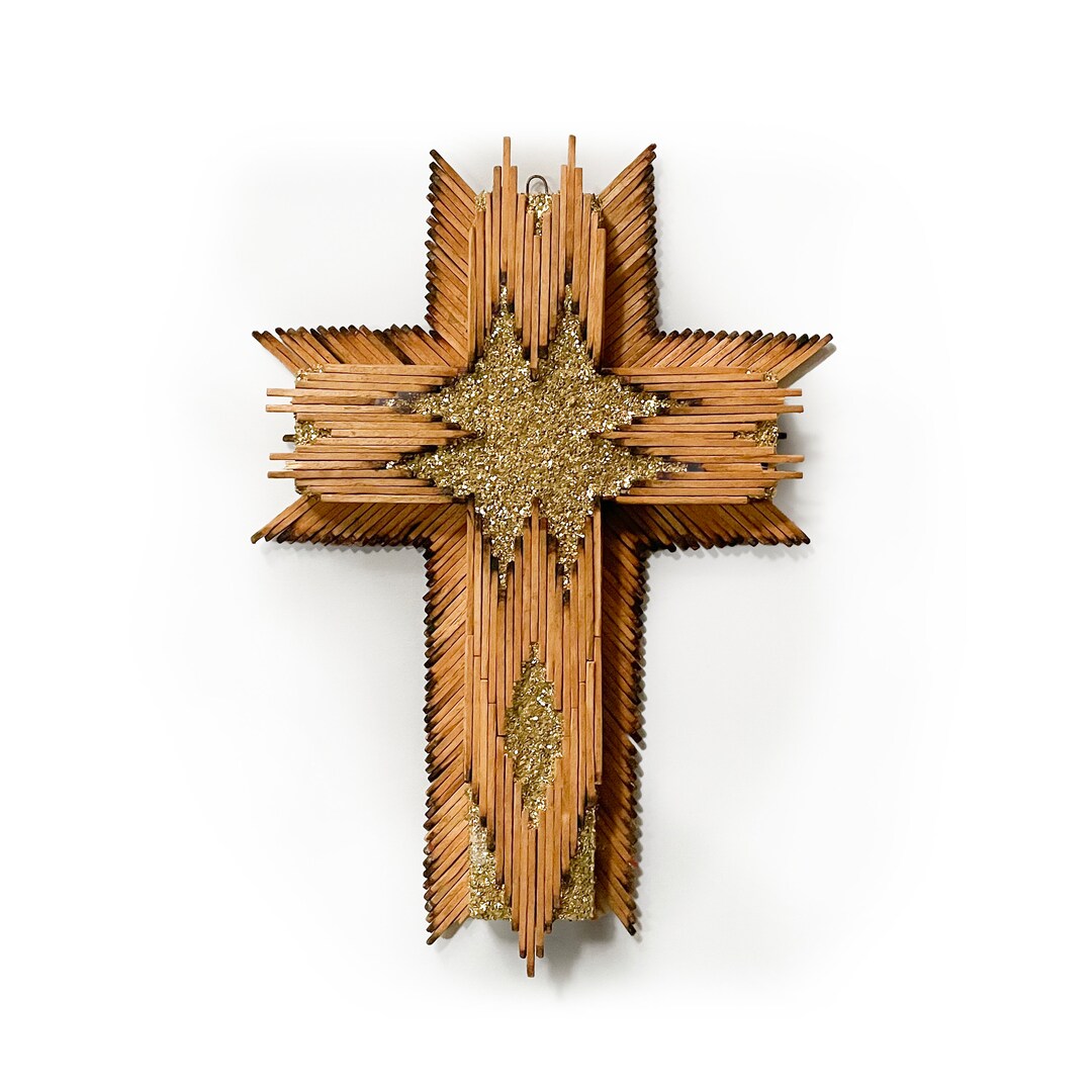 Folk Art Matchstick Cross With Gold Glitter - Etsy