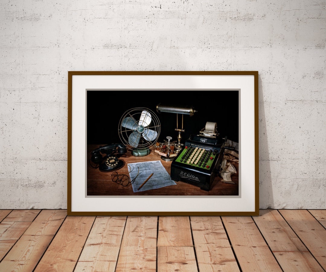Large Wall Art "the Accountant" Vintage Antique Fan Desk Lamp Western ...