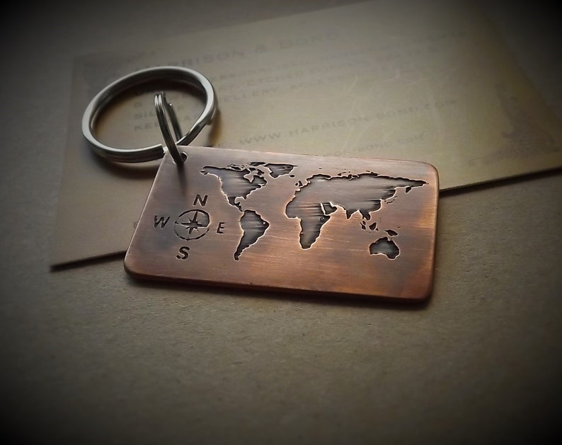 World Map Keyringcopper Key Ringtravel Key - Etsy