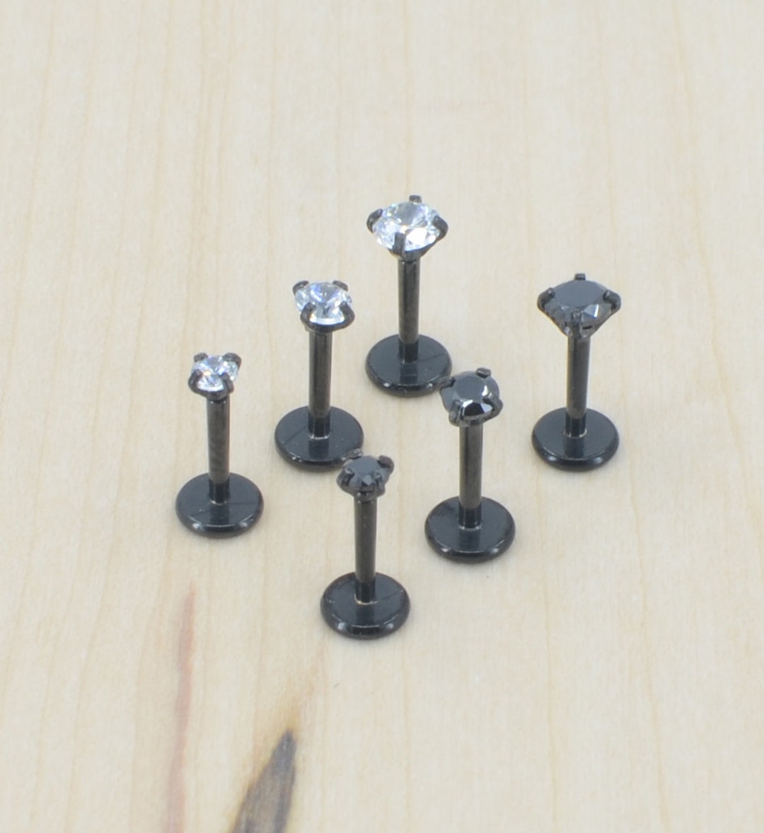 Flat Back Earrings 18G Black PVD Internally Threaded Clear Cubic ...