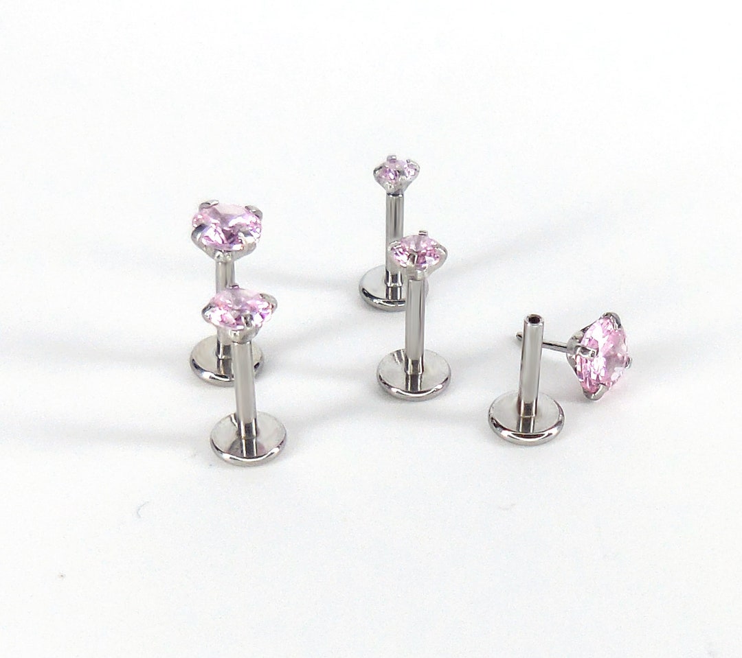 16G/18G/20G CZ Threadless Flat Back Pink Earrings - Push Pin Nose Stud ...