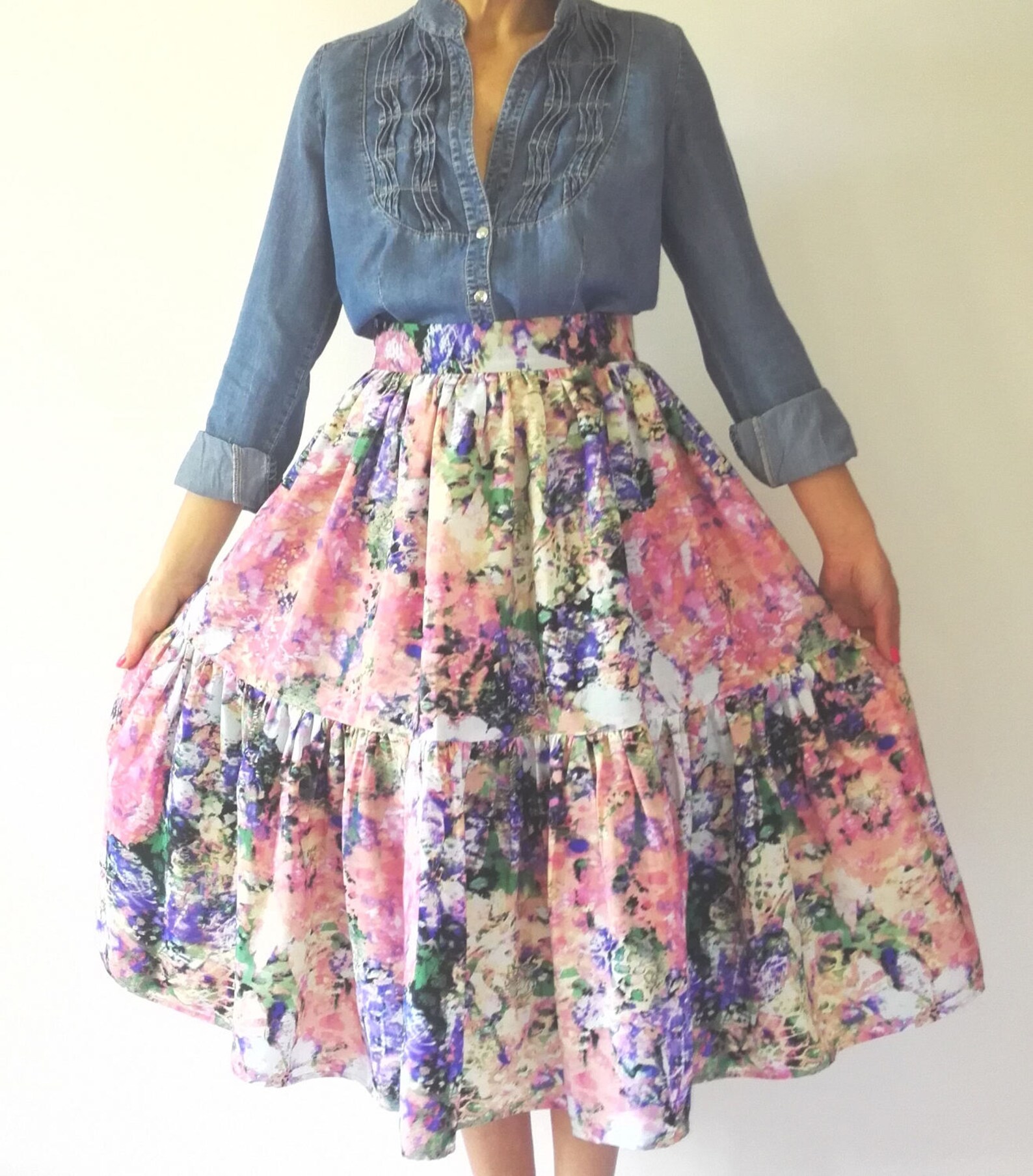 Summer Skirt With Ruffle Curled, Flared Skirt With Flowers, Midi Skirt ...