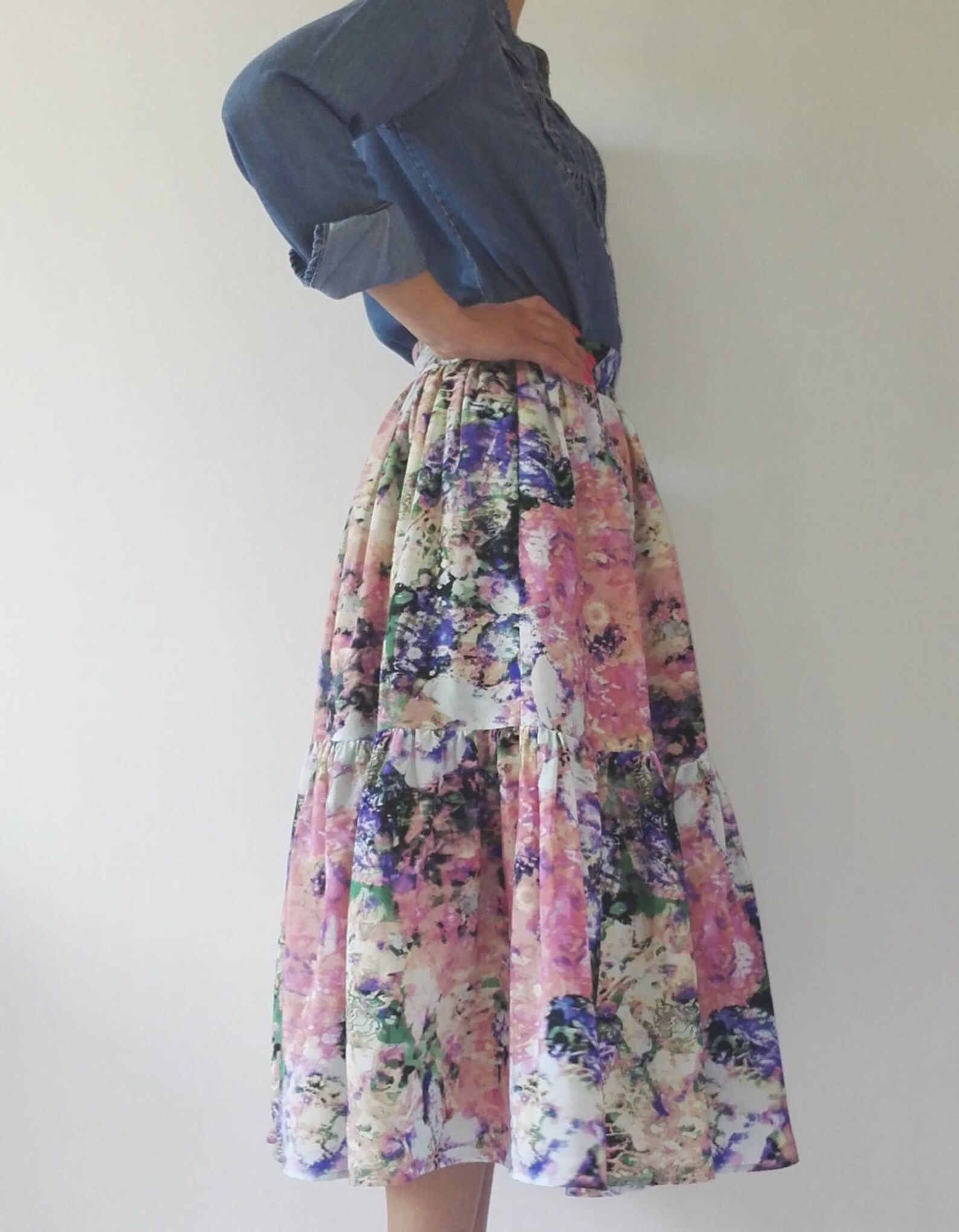 Summer Skirt With Ruffle Curled, Flared Skirt With Flowers, Midi Skirt ...
