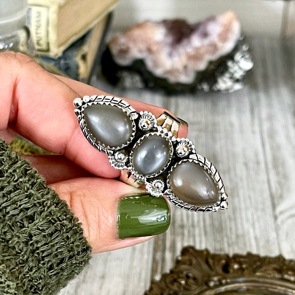 Three Stone Grey Moonstone Ring in Solid Sterling Silver - Etsy