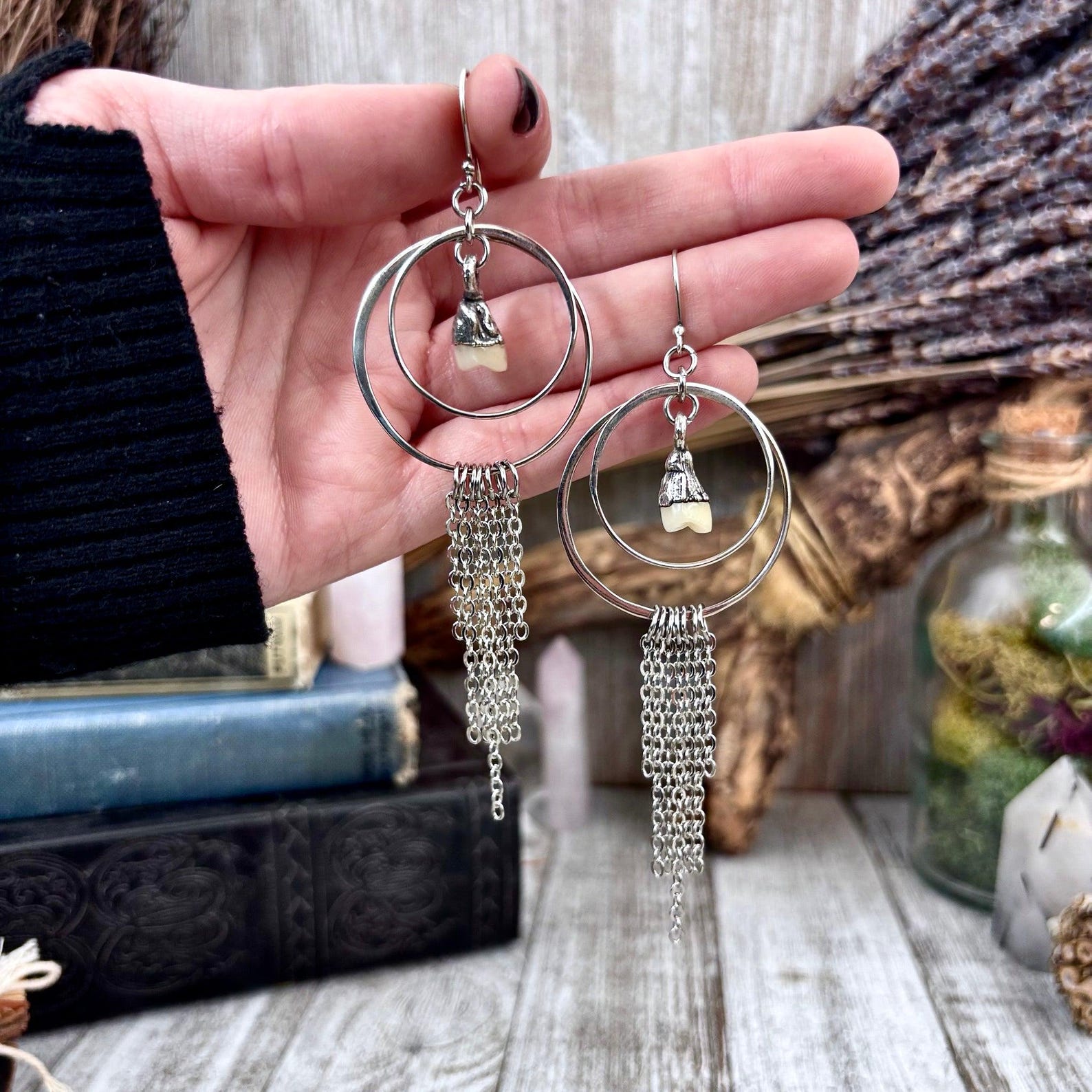 Sterling Silver Tooth Hoop Fringe Earrings / Long Dangle Witchy ...