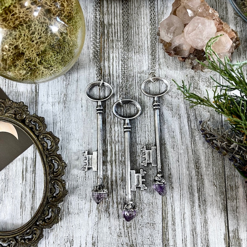 Raw Amethyst Crystal Vintage Skeleton Key Necklace Pendant in - Etsy