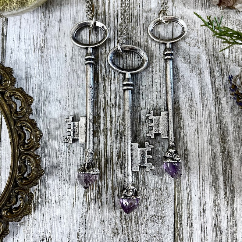 Raw Amethyst Crystal Vintage Skeleton Key Necklace Pendant in - Etsy