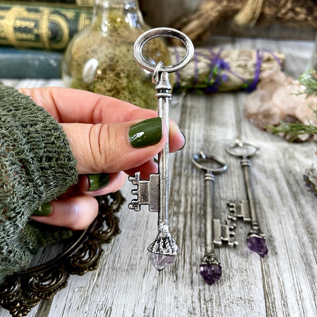 Raw Amethyst Crystal Vintage Skeleton Key Necklace Pendant in Fine ...