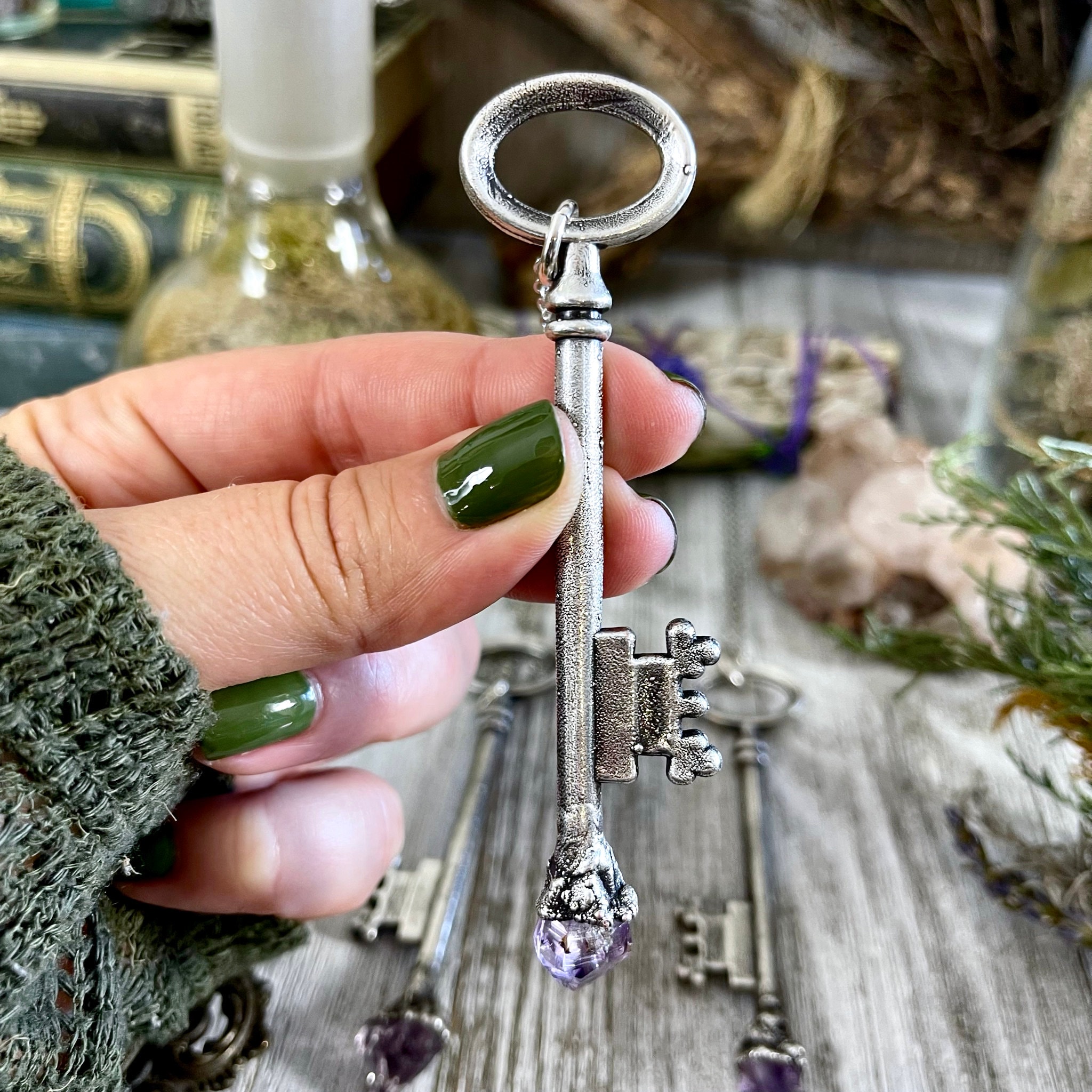 Raw Amethyst Crystal Vintage Skeleton Key Necklace Pendant in Fine ...