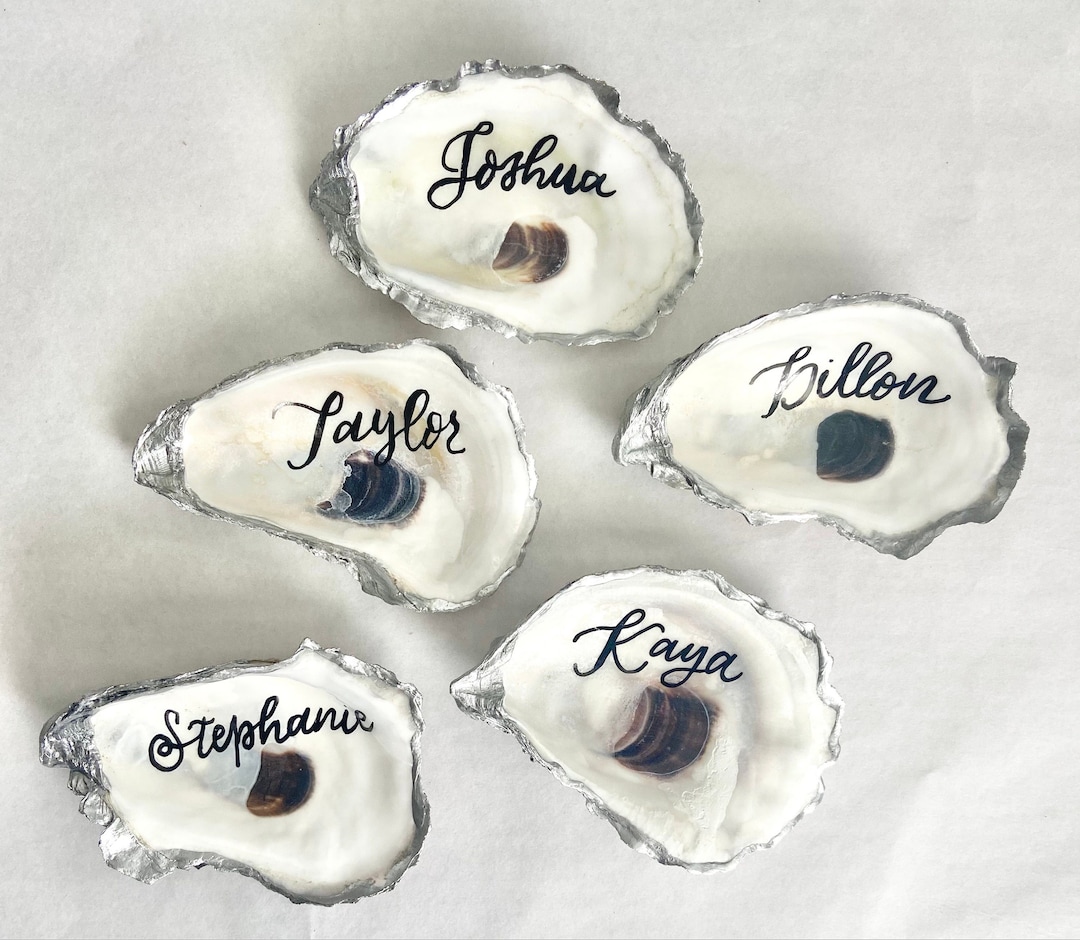 Silver Rimmed Cupped Oyster Shells With Calligraphy for Placecards ...