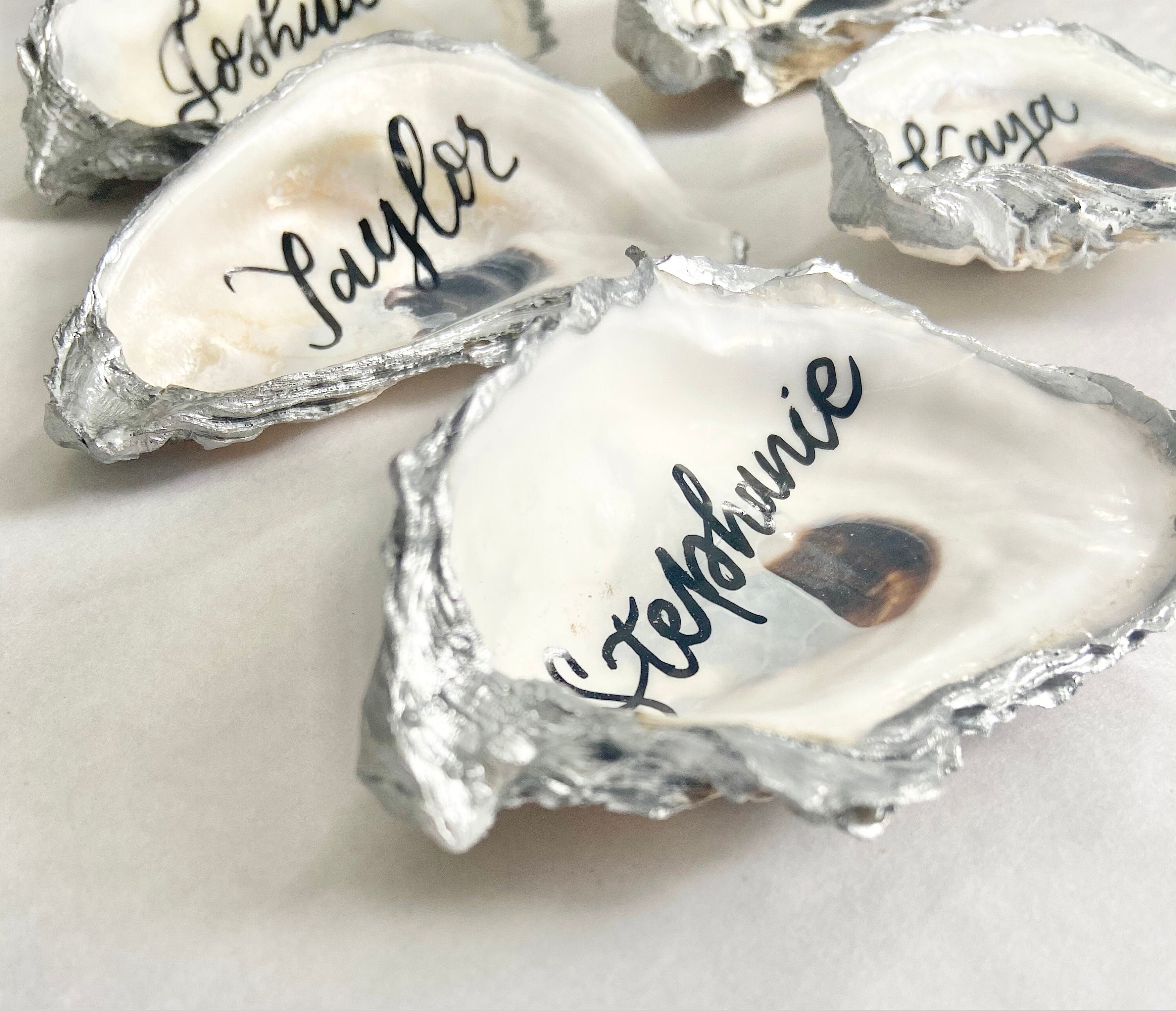 Silver Rimmed Cupped Oyster Shells With Calligraphy for Placecards ...