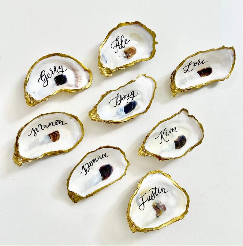 Gold Rimmed Oyster Shell Place Cards – Custom Calligraphy Wedding Decor ...