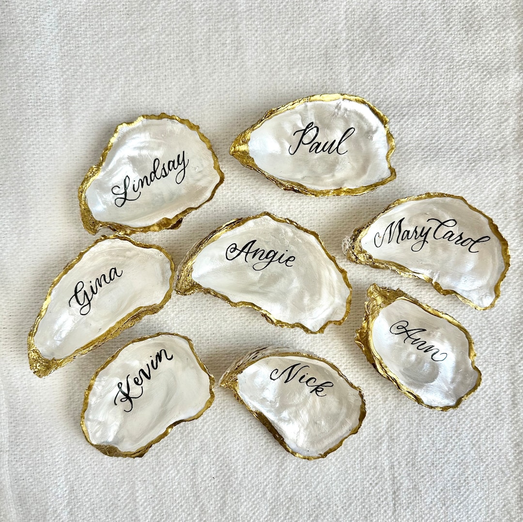 Calligraphy Oyster Shell Place Cards, Gold or Silver Rim, Pearlescent ...