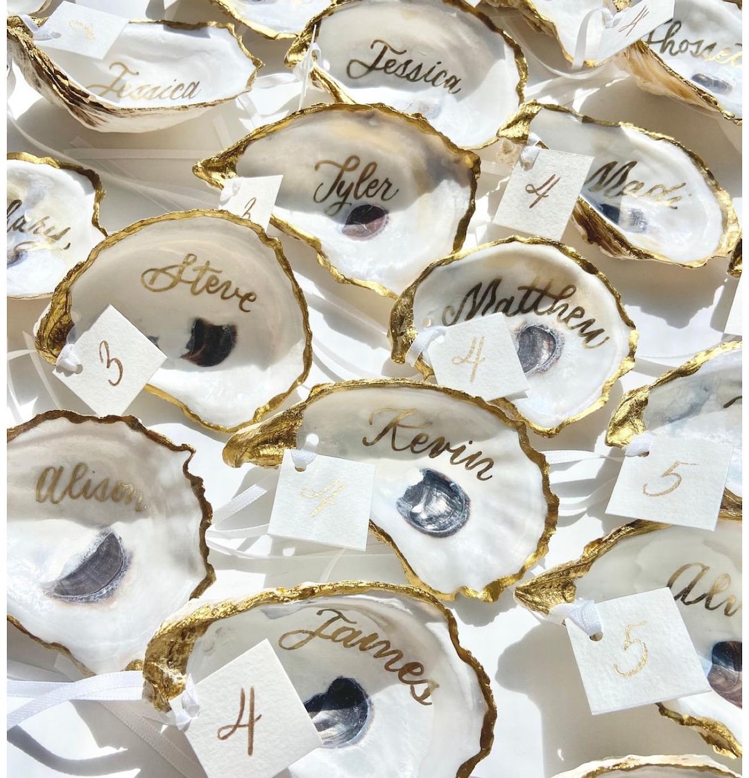 Gold Rimmed Oyster Shell Place Cards – Custom Calligraphy Wedding Decor ...