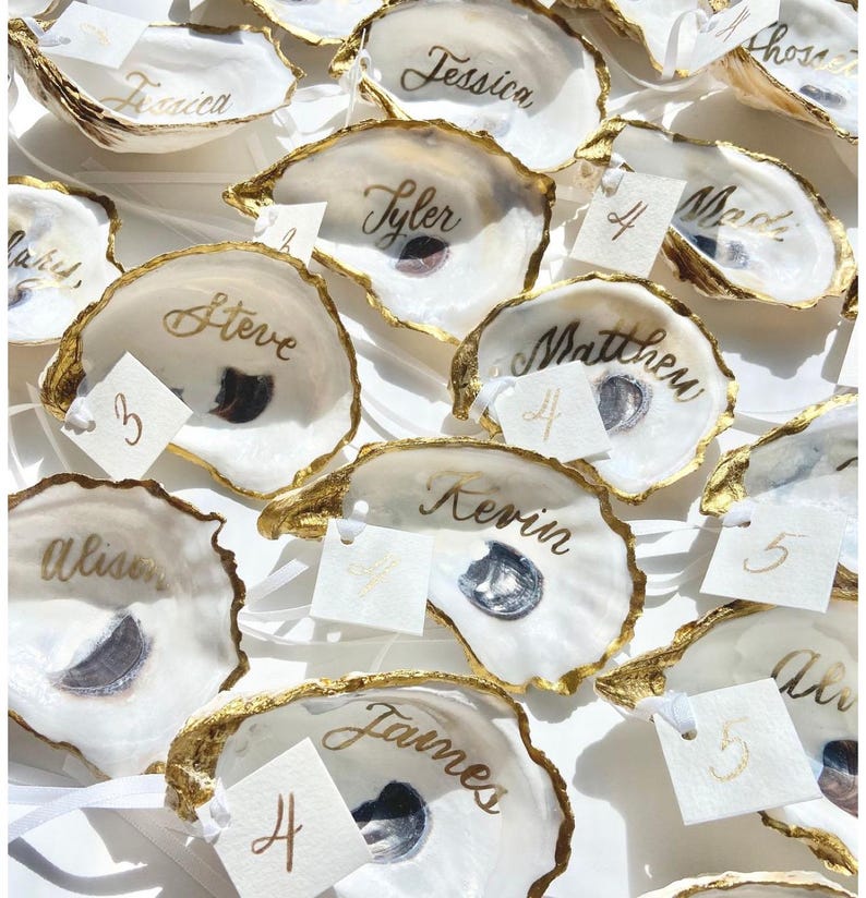 Gold Rimmed Oyster Shell Place Cards – Custom Calligraphy Wedding Decor ...