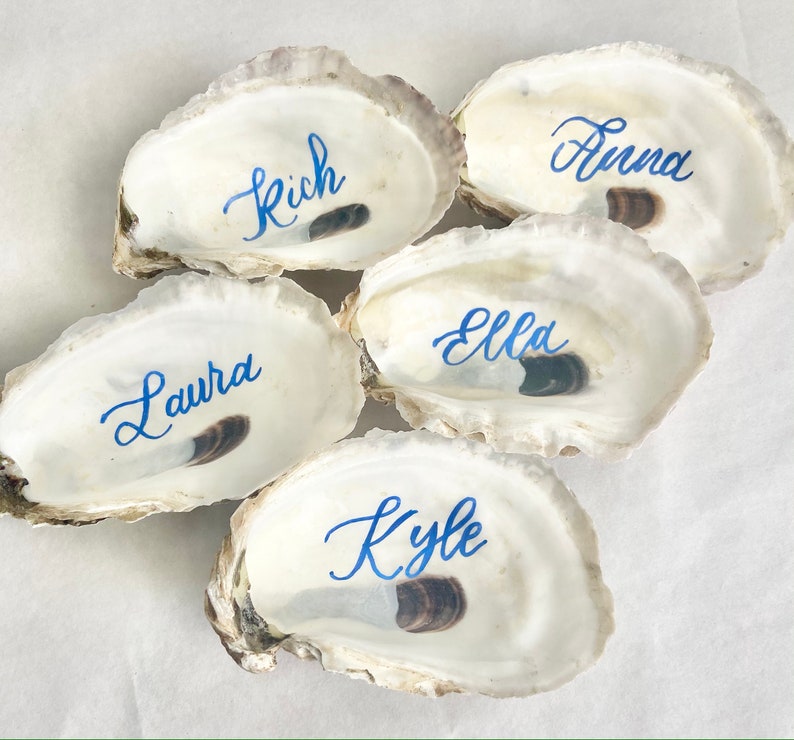 Silver Rimmed Cupped Oyster Shells With Calligraphy for Placecards ...