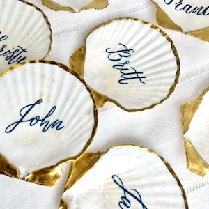 Scallop Shell Place Card Ring Dish With Calligraphy for Wedding Coastal ...