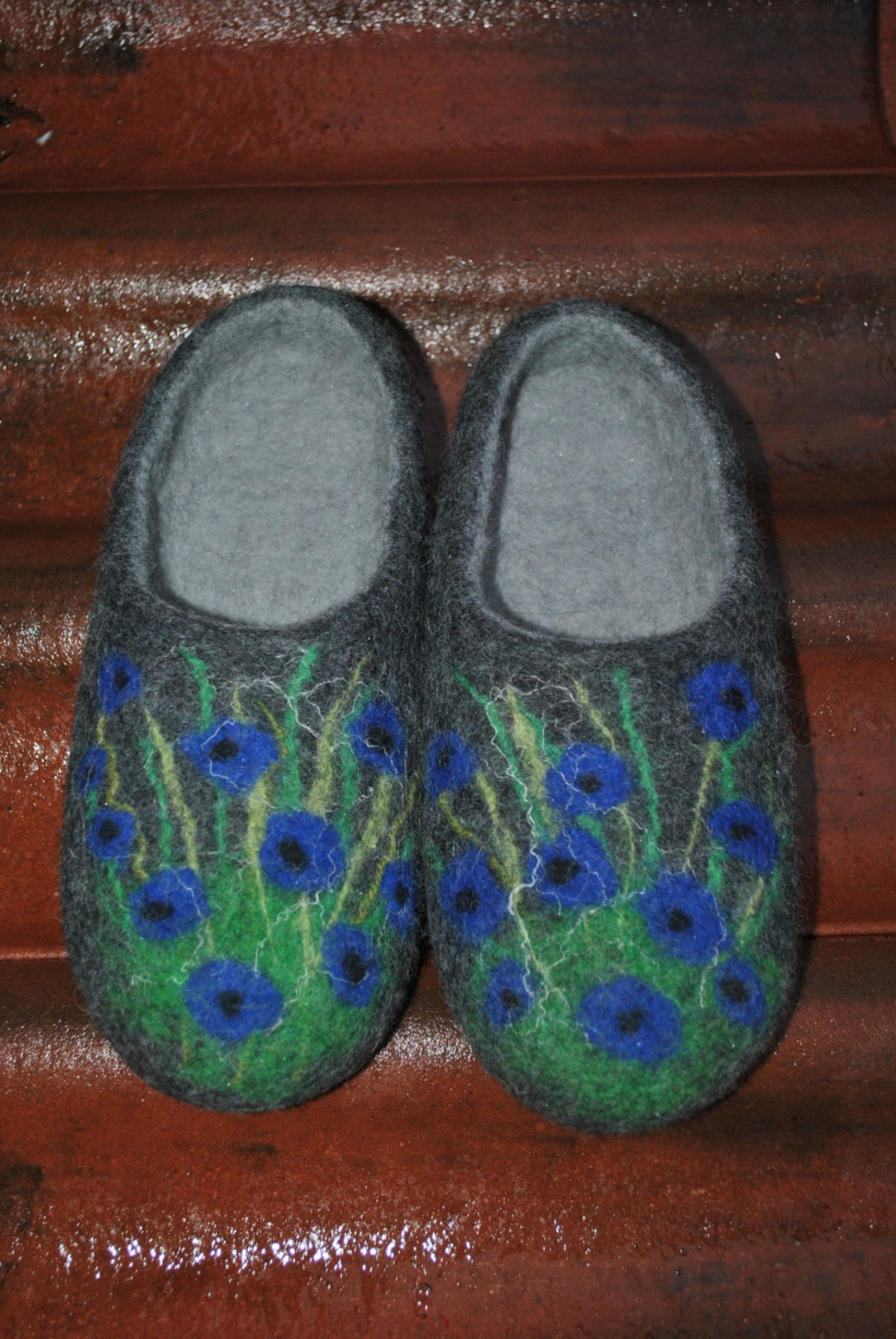 Gray Slippers With Cornflower/ Natural Felted Women Home Slippers. Size ...