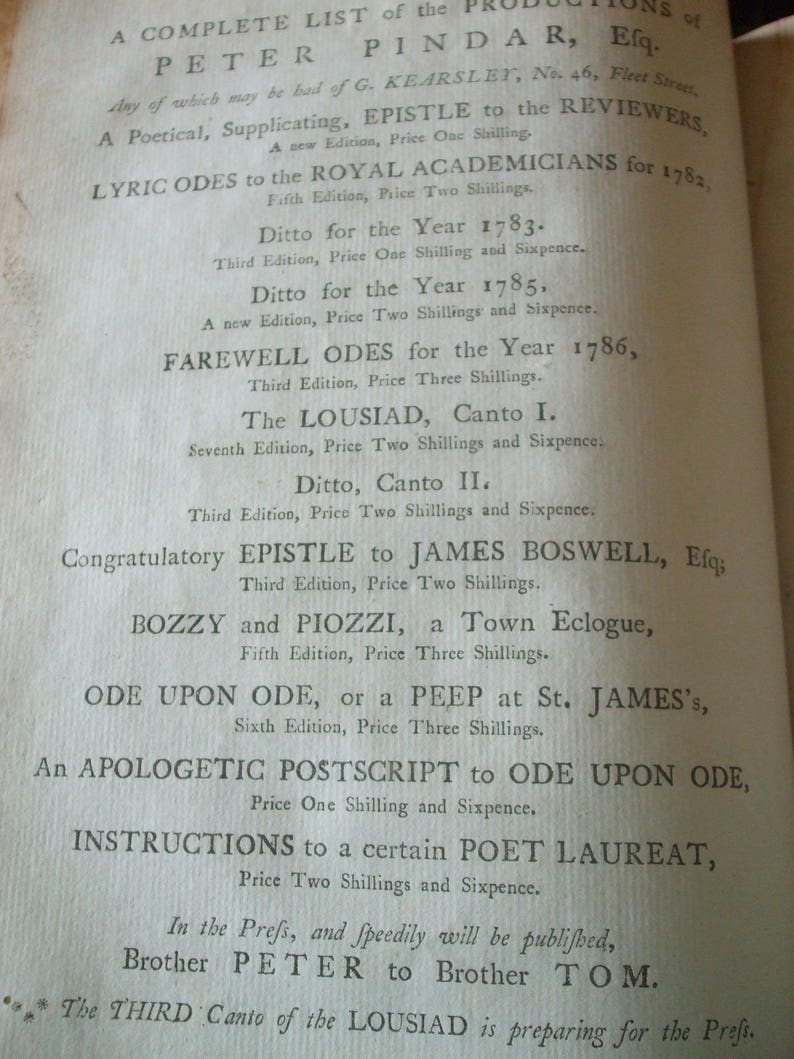 Works of Peter Pindar Book Dated 1788 RARE Numerous Poems Illustrated ...