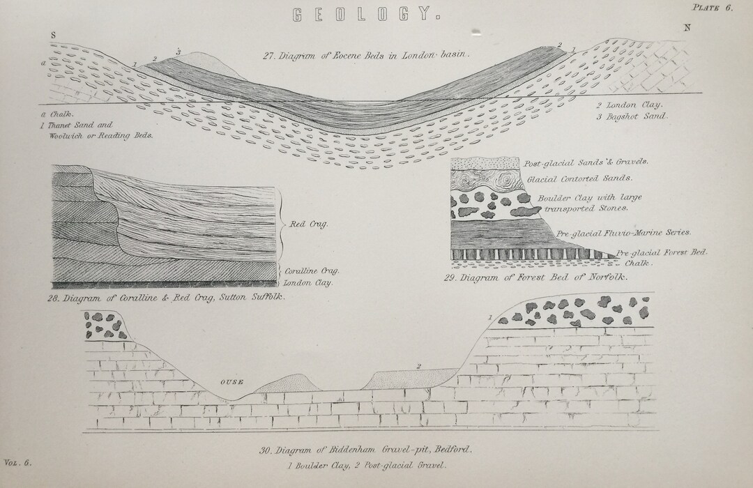Antique Print C1870's Geology Eocene Beds in London Basin Bagshot Sand ...