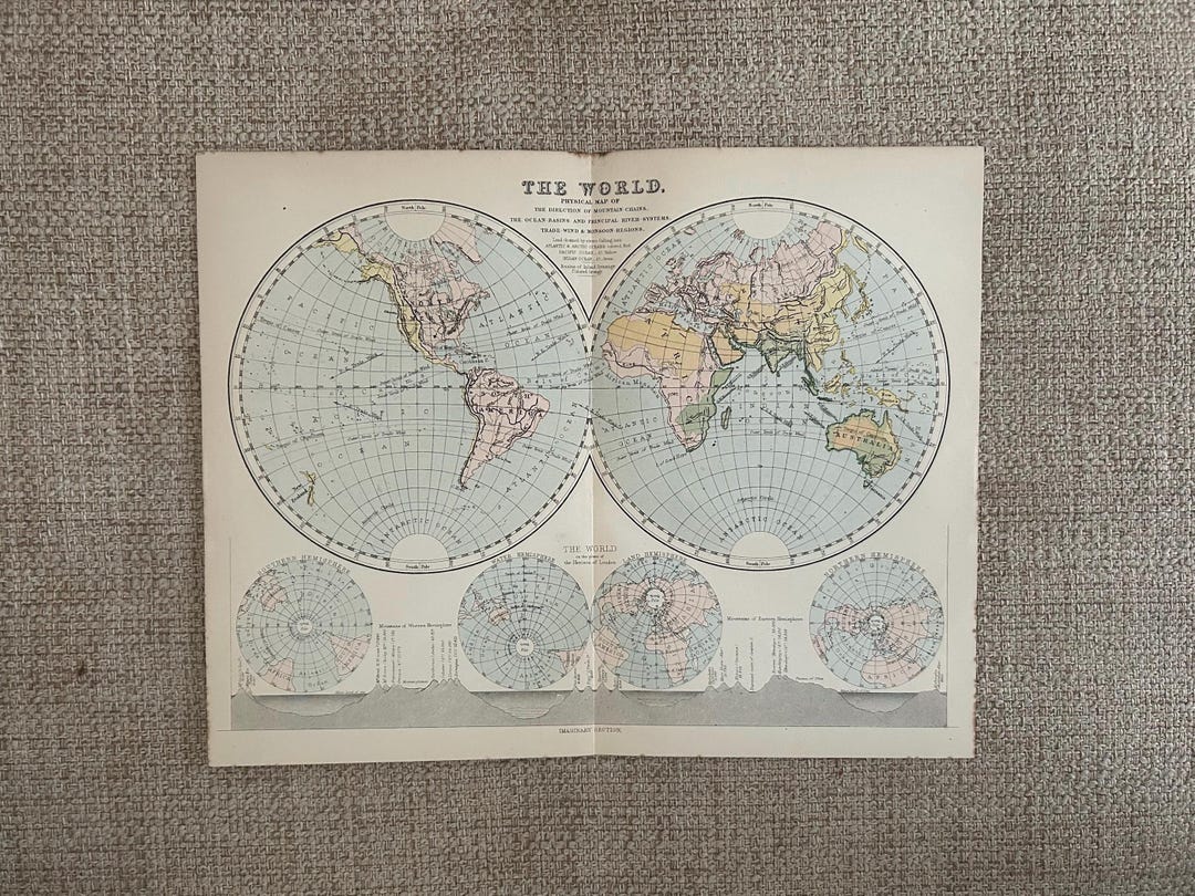 Antique 1870s World Map Print – Victorian Fold-out Engraving | Mountain ...