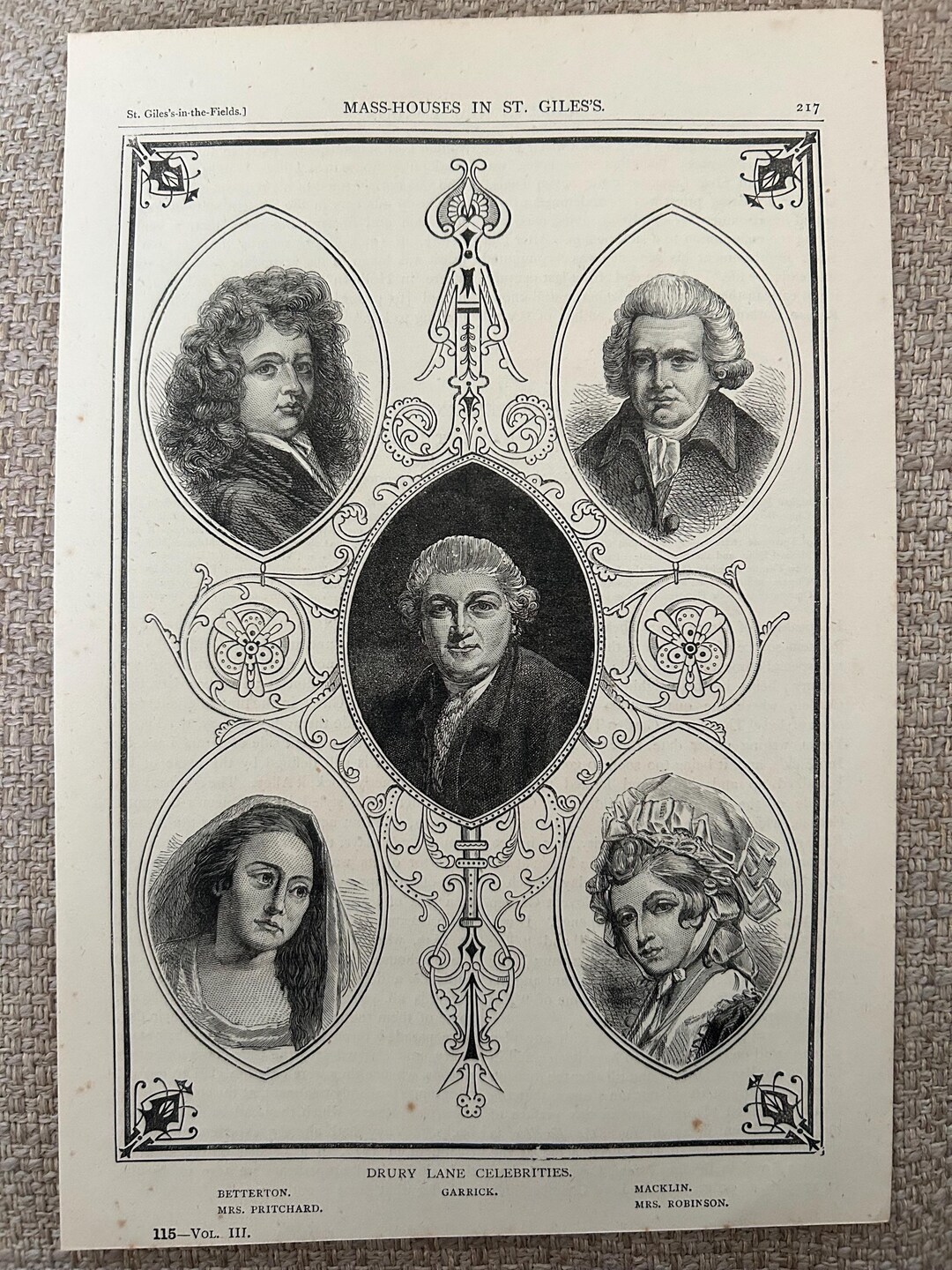 Antique Print | 1876 | Drury Lane Celebrities | Betterton, Garrick, Mrs ...