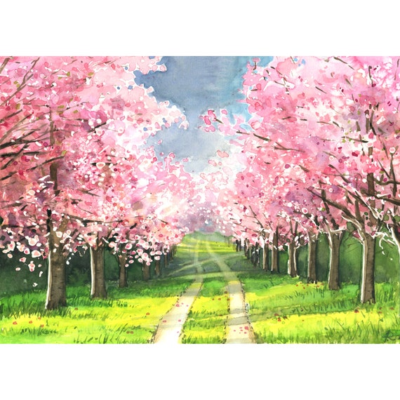 Watercolor Cherry Trees Watercolor Original Painting Landscape Of