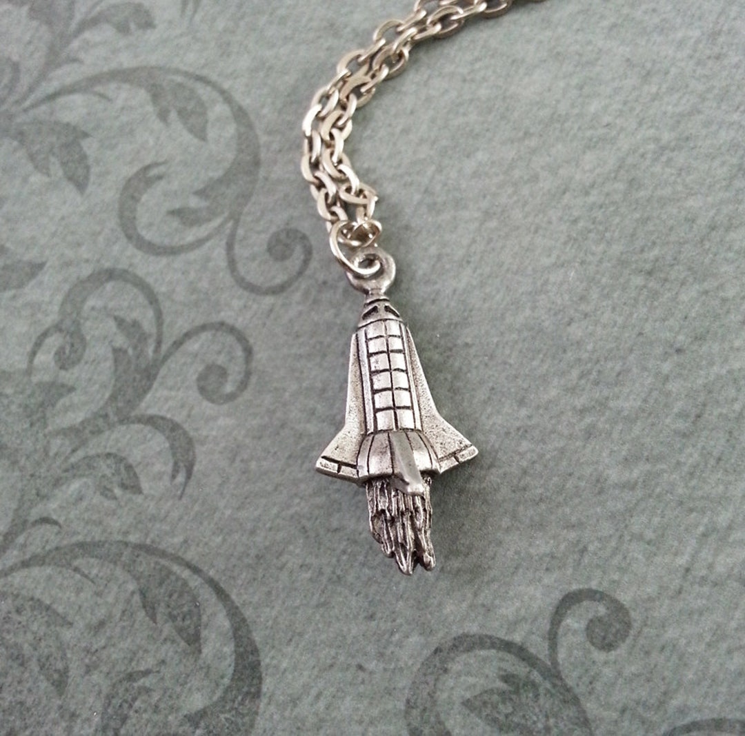 Rocket Necklace, Rocket Jewelry, Silver Spaceship Pendant, Spacecraft ...