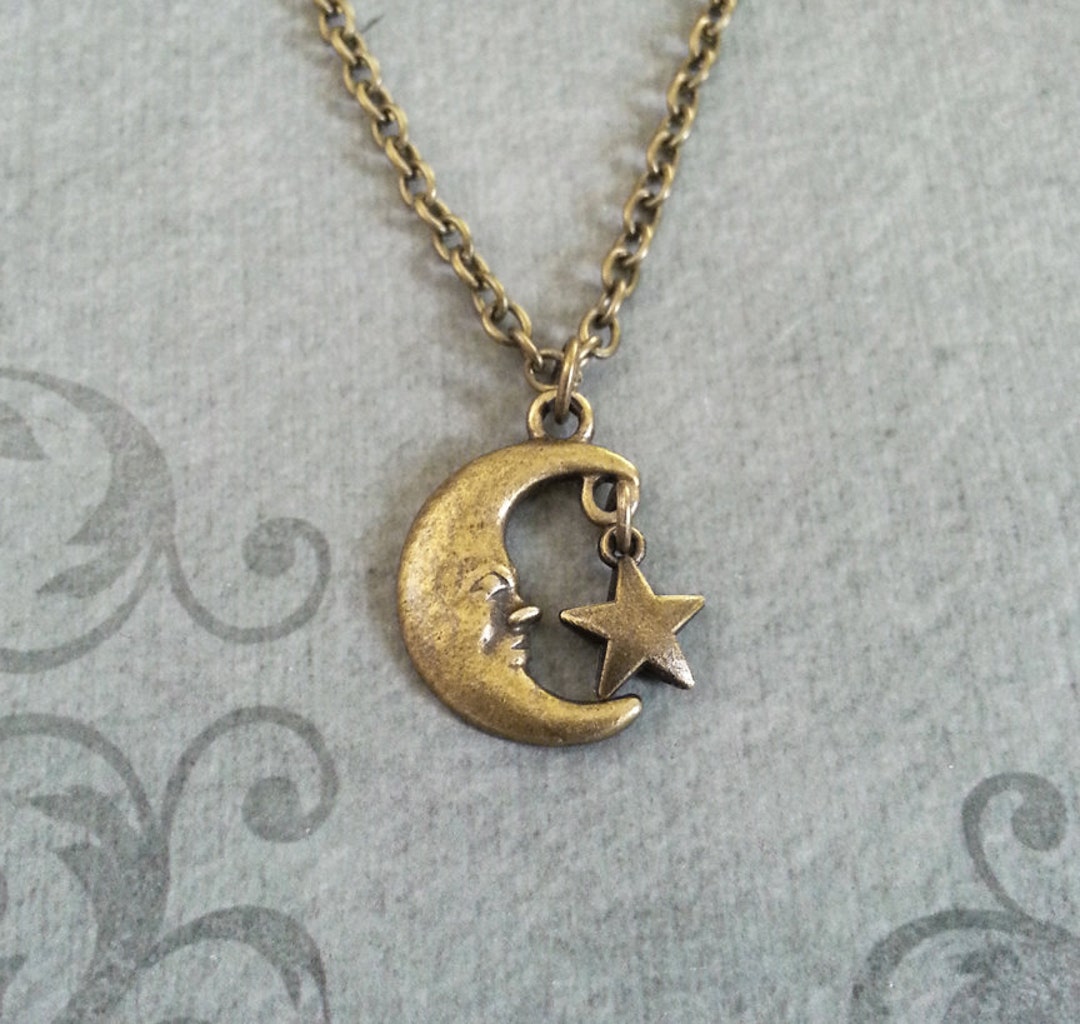 Moon Necklace SMALL Man in the Moon Jewelry Bronze Moon Charm Necklace ...