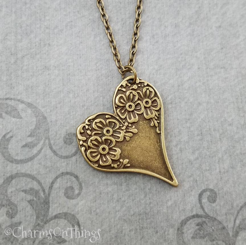 Heart Necklace Flower Heart Charm Necklace Bronze Necklace - Etsy