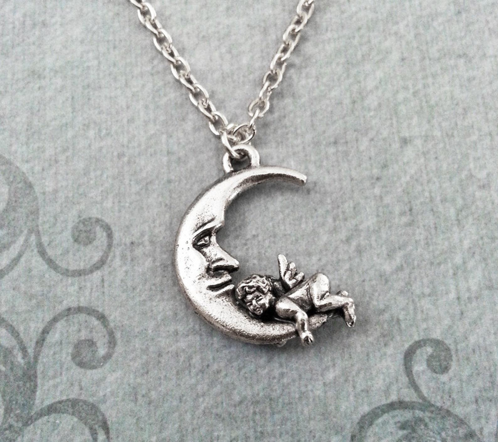 Man in the Moon Necklace Moon Jewelry Silver Moon Charm Necklace Moon ...