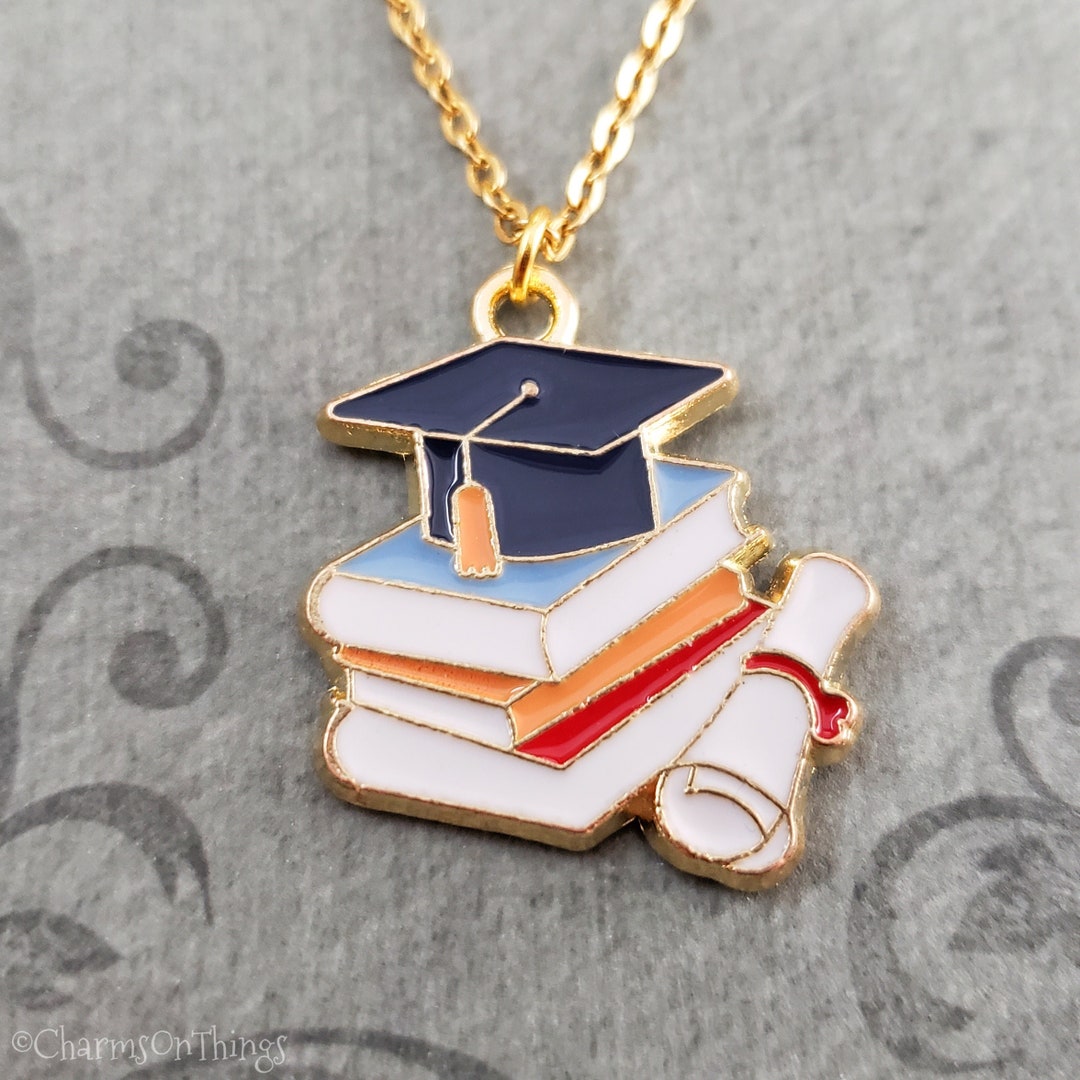 Graduation Cap Necklace Diploma Charm Necklace Cute Stack of Text Books ...