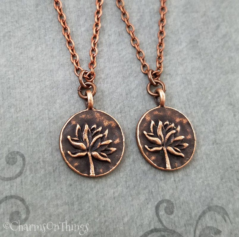 Lotus Necklace SET of 2 SMALL Copper Lotus Charm Necklaces | Etsy
