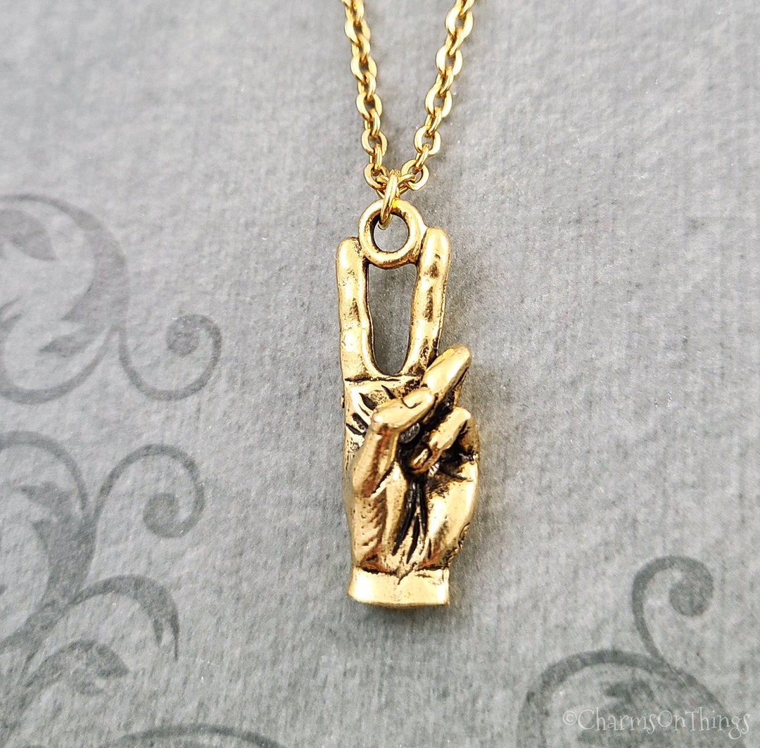 Peace Sign Necklace SMALL Peace Sign Hand Necklace V Sign Necklace ...