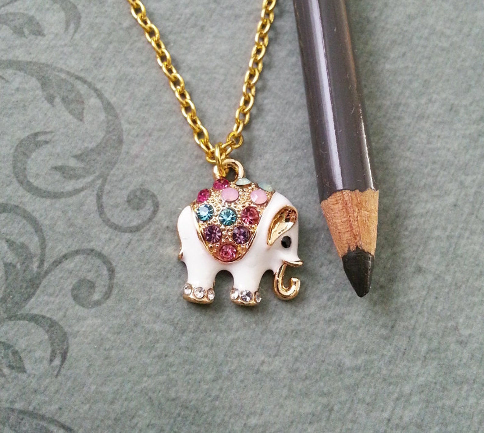 Elephant Necklace VERY SMALL Jeweled Elephant Jewelry Indian Elephant ...
