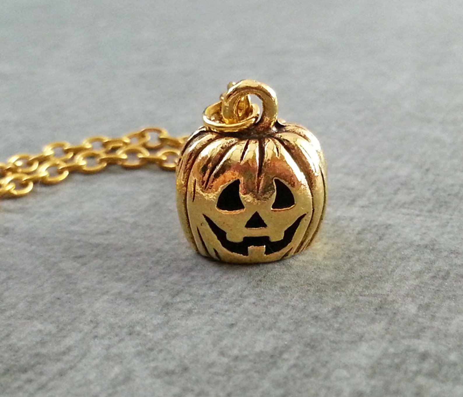 Jack O Lantern Necklace SMALL Gold Pumpkin Necklace | Etsy