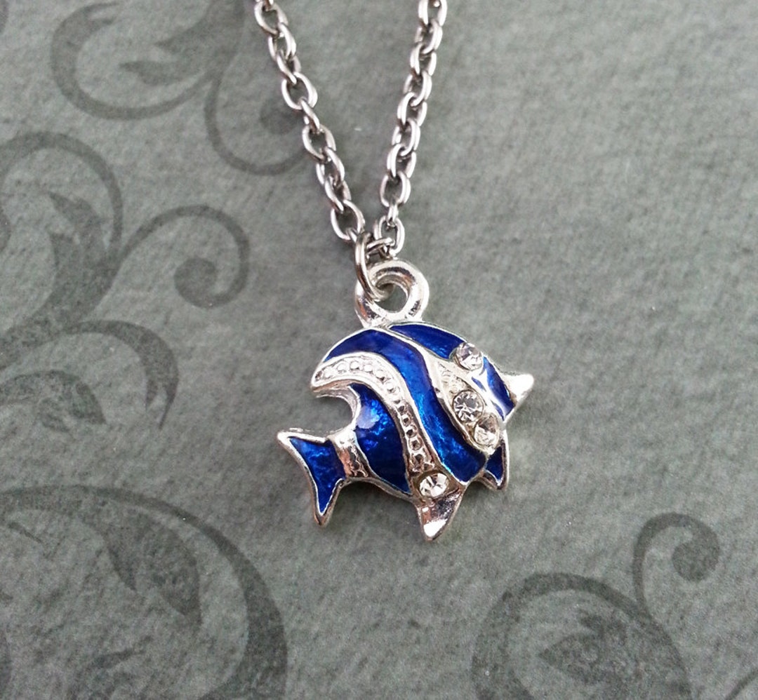 Blue Striped Fish Necklace, SMALL Fish Jewelry, Blue Enamel Fish Charm ...