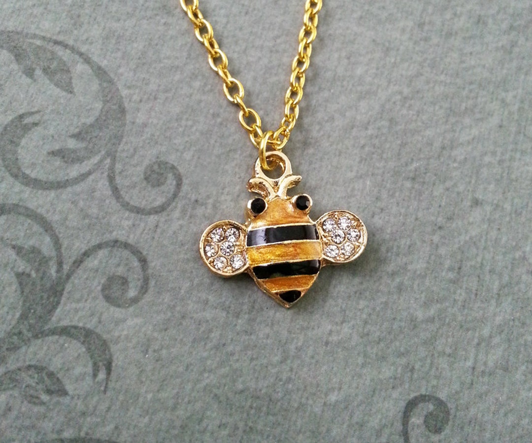 Honey Bee Necklace VERY SMALL Honeybee Necklace Bee Jewelry Rhinestone ...