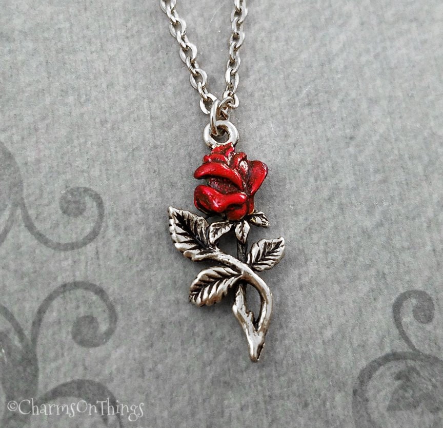 Red Rose Necklace Rose Charm Necklace Rose Jewelry Rose Pendant ...