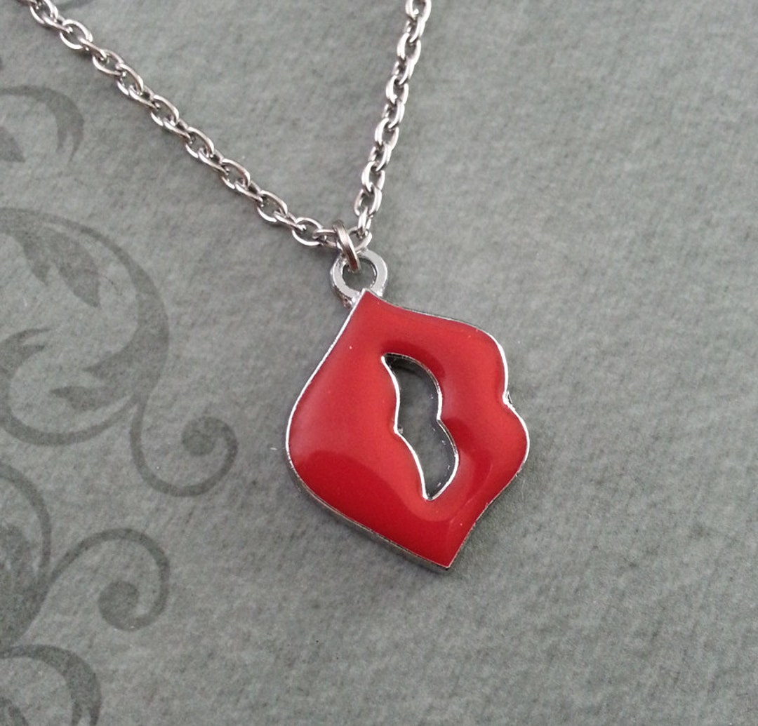 Red Lips Necklace, Kiss Jewelry, Enamel Kiss Pendant Necklace, Gift for ...