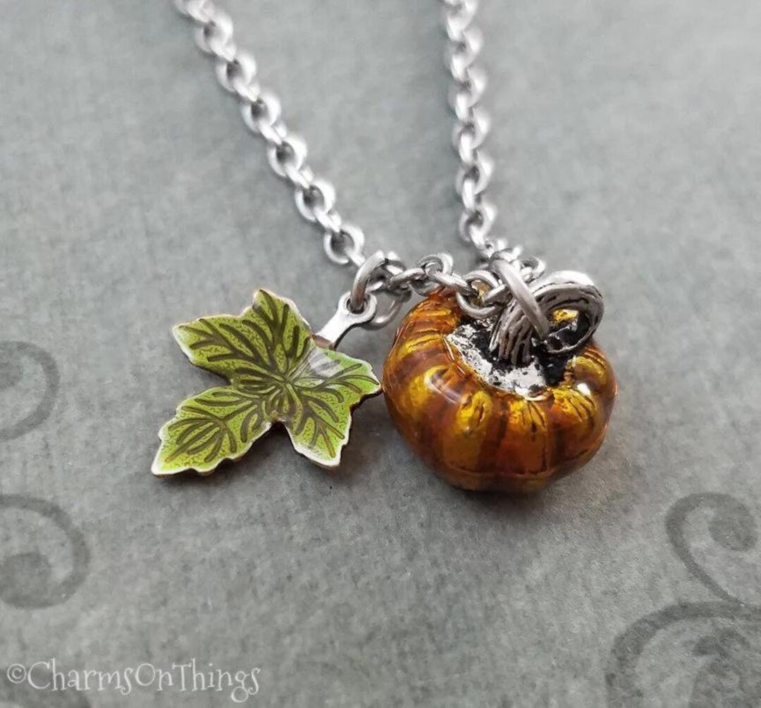 Pumpkin Necklace Orange Pumpkin Charm Necklace Green Maple Leaf ...