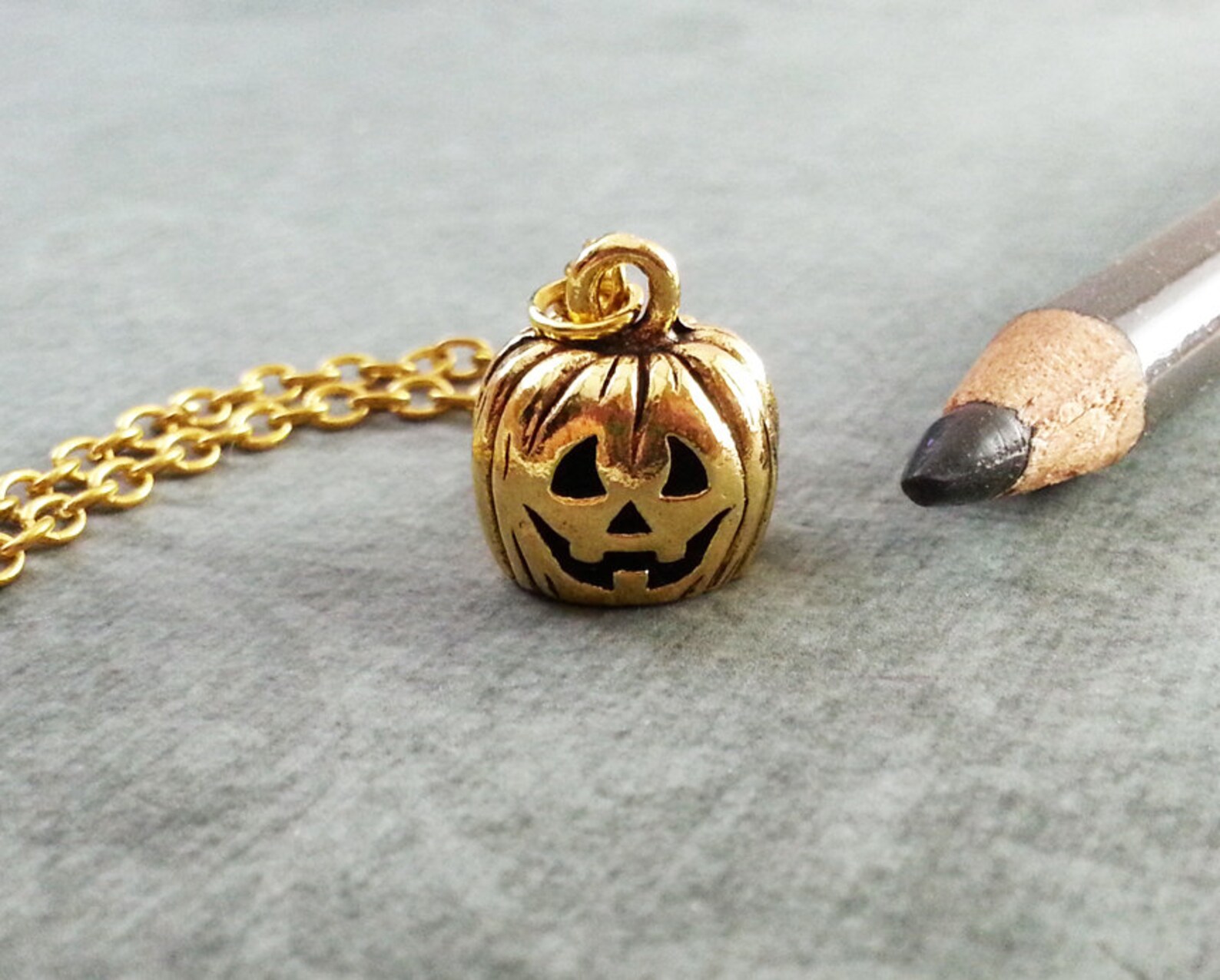 Jack O Lantern Necklace SMALL Gold Pumpkin Necklace - Etsy