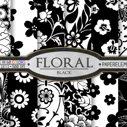 Black and White Floral Digital Paper Patterns: Printable 12x12 - Etsy