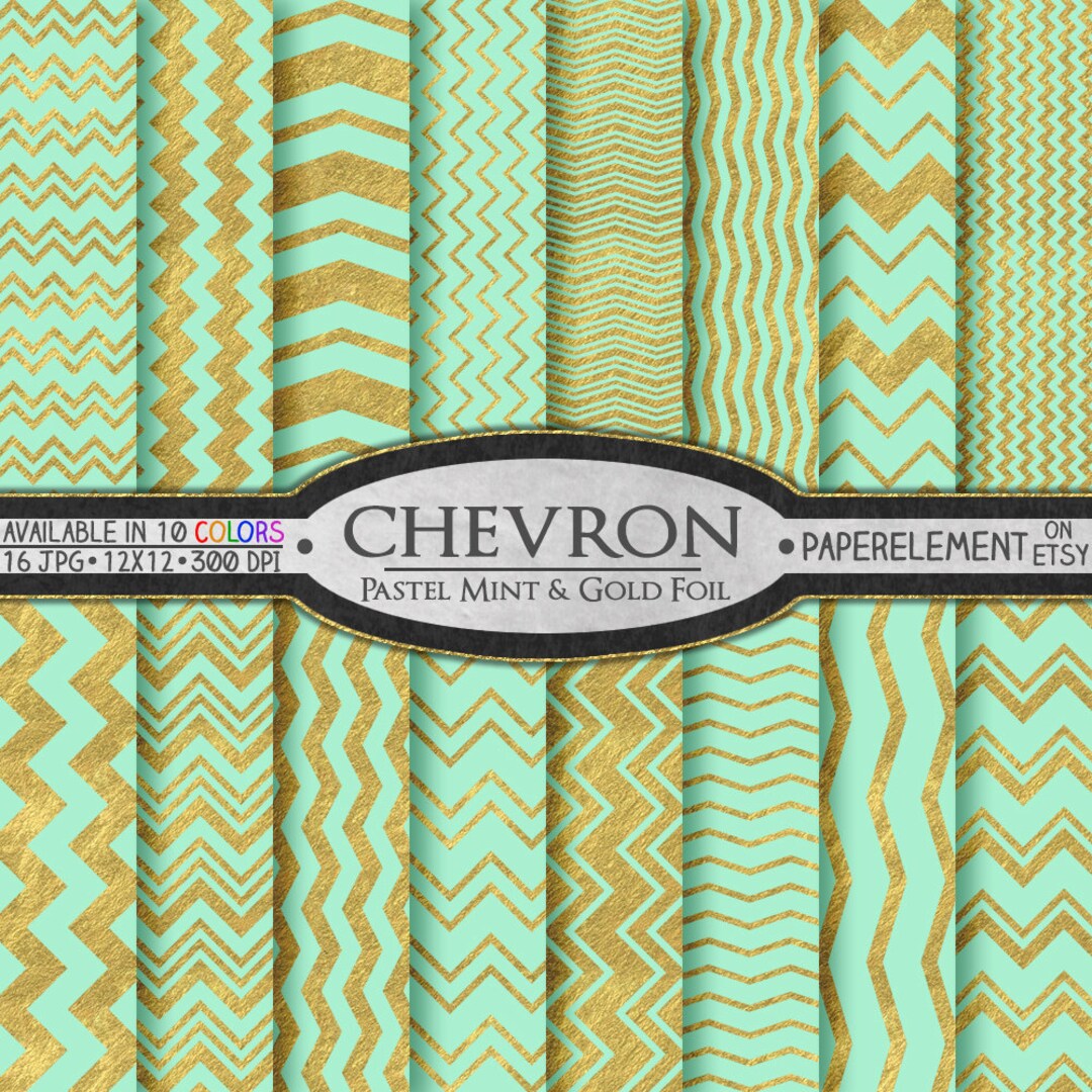 Pastel Mint and Gold Chevron Digital Paper Set: Gold and Mint Chevron ...