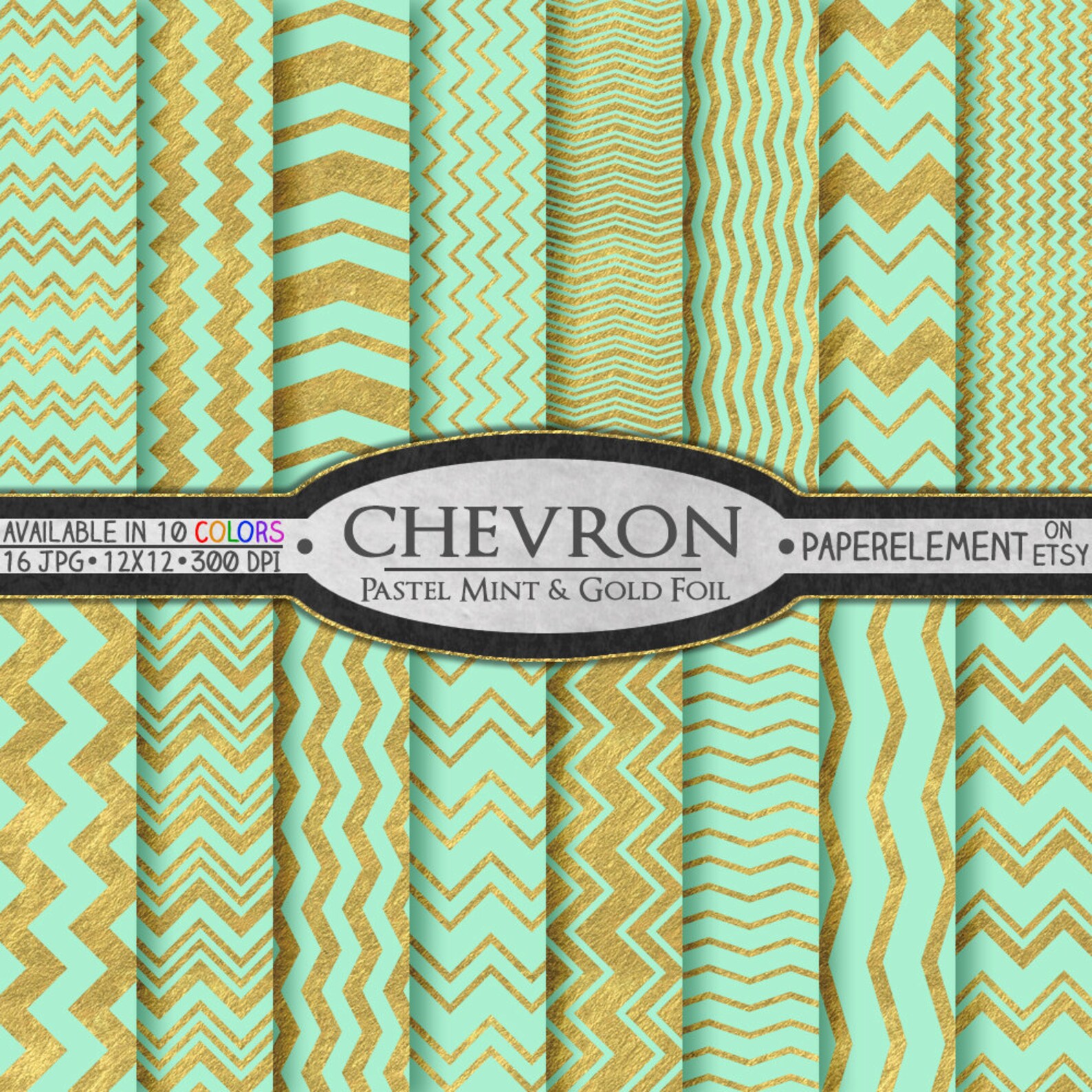 Pastel Mint and Gold Chevron Digital Paper Set: Gold and Mint | Etsy