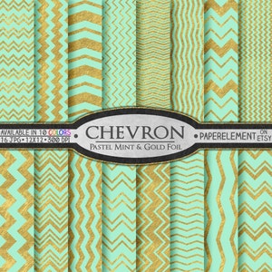 Pastel Mint and Gold Chevron Digital Paper Set: Gold and Mint Chevron ...