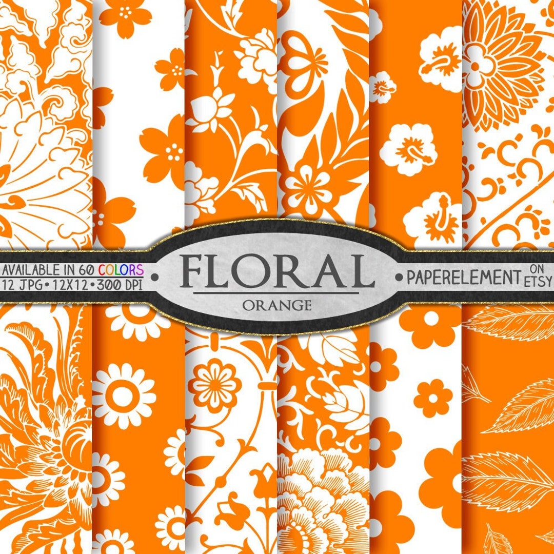 Bright Orange Floral Digital Paper Patterns Set: Flower Backgrounds ...